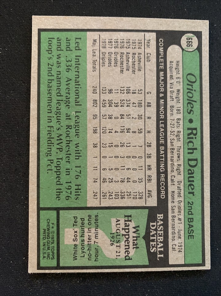 1979 Topps Baseball Card #666 Rich Dauer Baltimore Orioles Nm Free ...