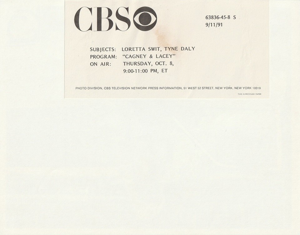 Original CBS Photo Cagney & Lacey Loretta Swit & Tyne Daly 9-11-91 | eBay