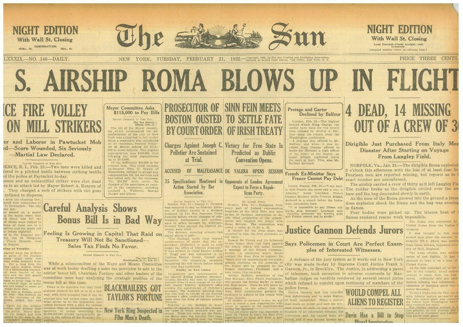 Roma US, Italy Airship blows up in flight.Rare Early Report February 21 ...