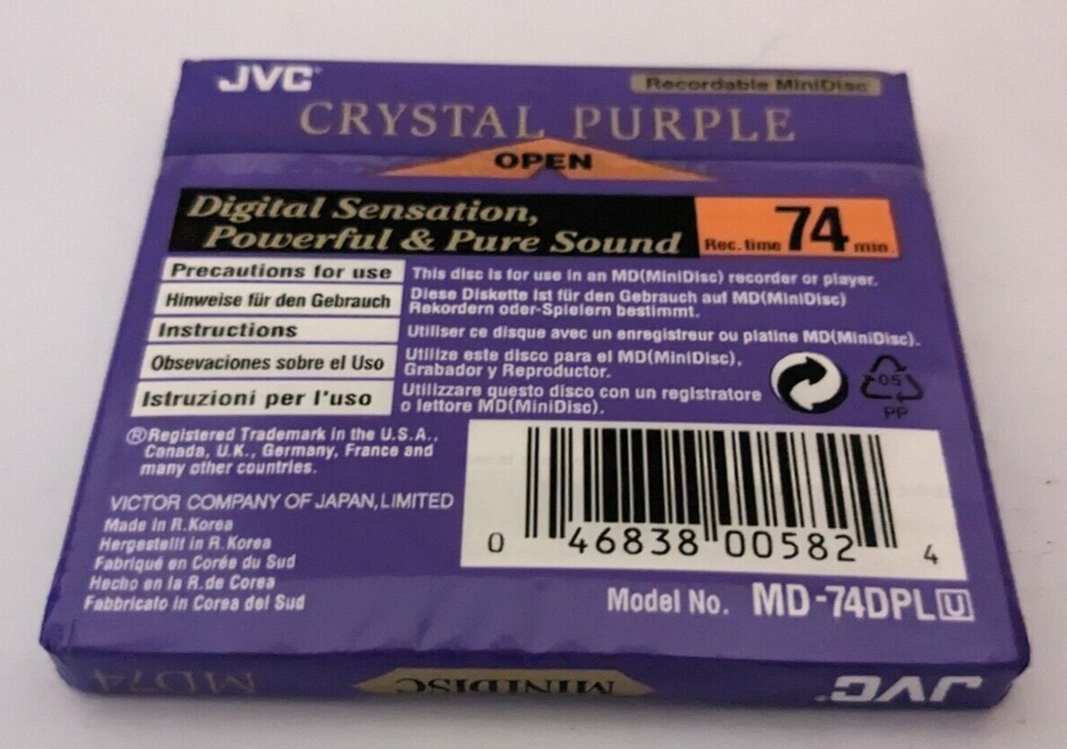 JVC Minidisc MD-74DPL Crystal Purple 74 MIN Recordable Music Audio ...