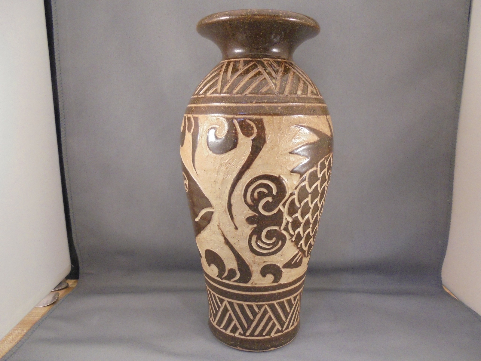Frank Polizzi Art Pottery Stoneware Carved Incised Fish Vase 9 3/4" #1 ...