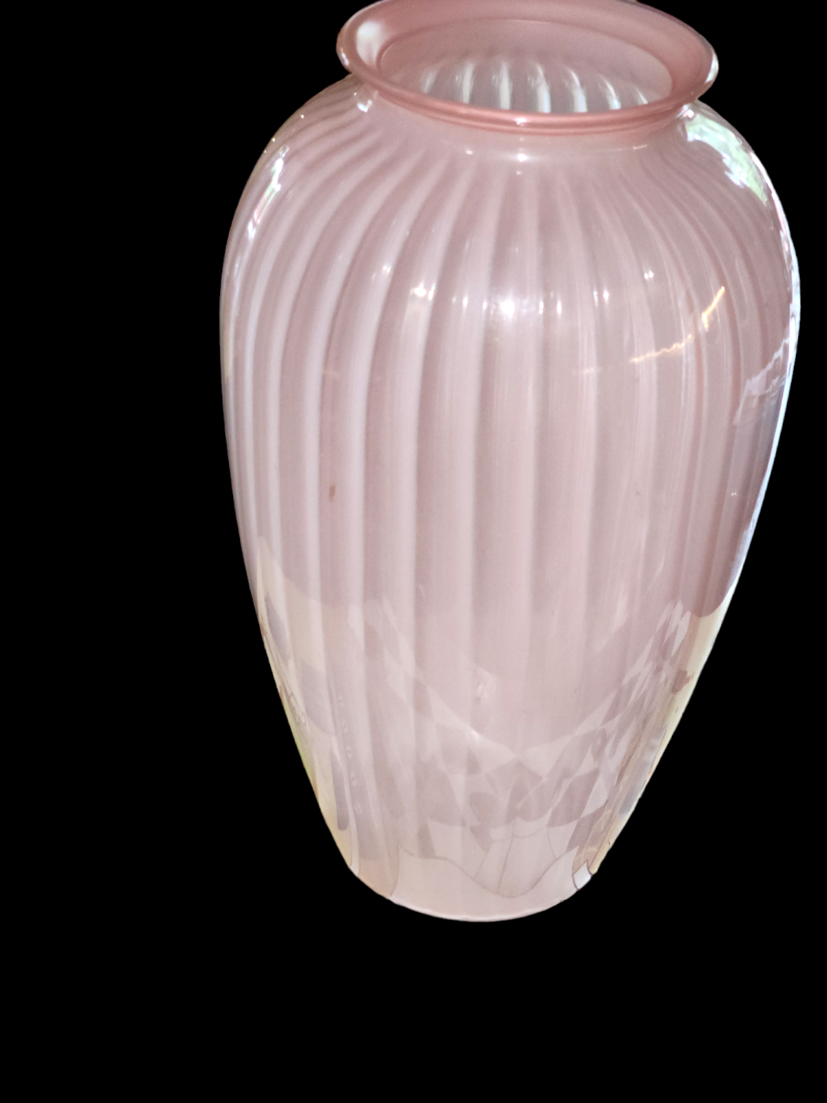 Pink glass 12.5 " x 7.5" bolus form ribbed design, 4.5 inches opening ...