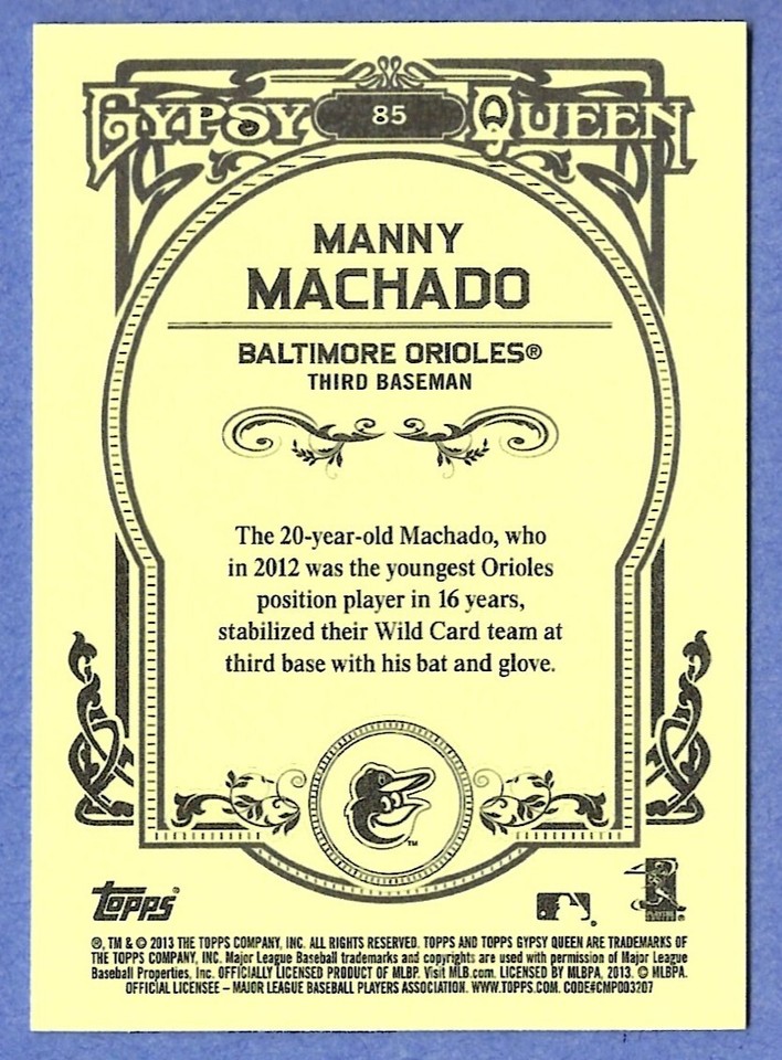 2013 Topps Gypsy Queen Manny Machado Rookie #85 Baltimore Orioles | eBay