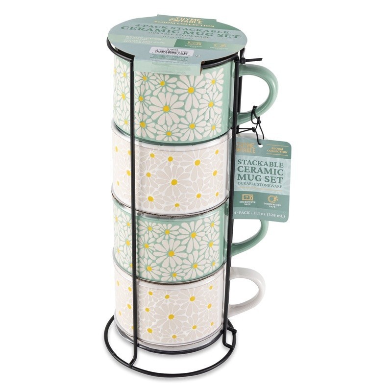 4 Pack Stacking Floral Mugs Set Stoneware Dishwasher Microwave Safe ...