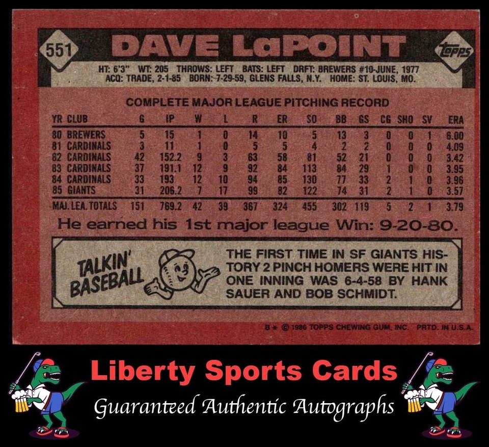 1986 Topps Dave LaPoint #551 Authentic Autographed Card San Francisco Giants | eBay
