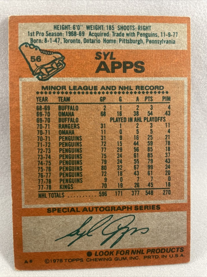 SYL APPS Autograph 1978-79 Topps--Los Angeles Kings Hockey Card | eBay