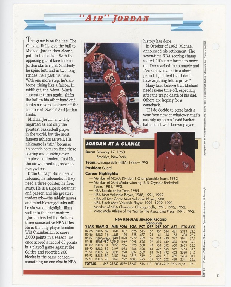 1994 Sports Pages Champions and Record Holders Michael Jordan HOF 0ad ...