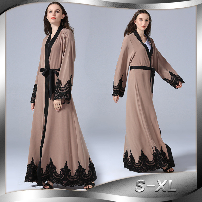 Dubai Lace Cardigan Muslim Women Open Front Robe Islamic Maxi Dress ...