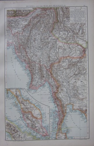 1893 LARGE ANTIQUE MAP ~ BURMA MALAY PENINSULA SIAM CHINA YUN-NAN ...