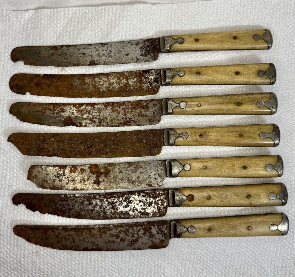 175 YEAR OLD Lot Of 7 Antique CIVIL WAR Dinner Knives Bone Handle ...