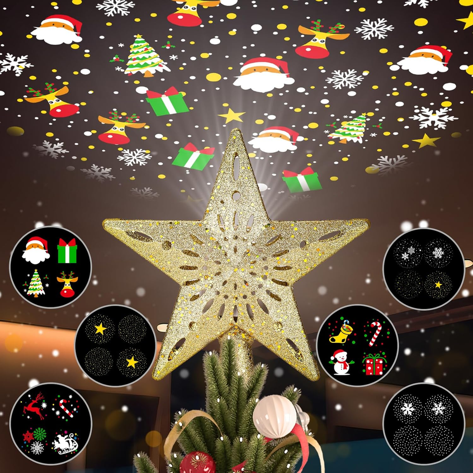 Christmas Tree Topper Lighted Star with Projector Light 6 HD Effects ...