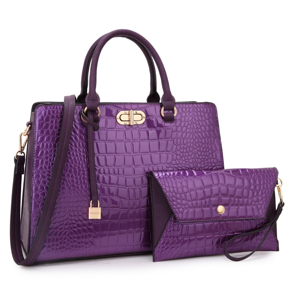 2Pcs Women's Handbag Fashion Faux Croco Leather Travel Satchel Purse ...