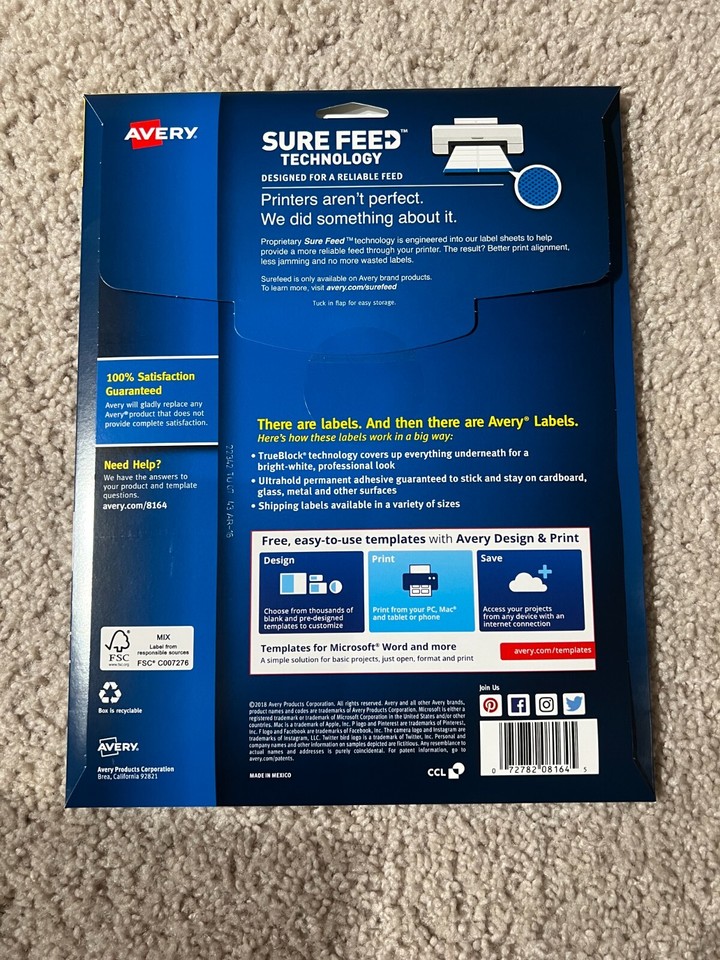 Avery 8164 White Shipping Labels TrueBlock 3-1/3" x 4" White 25 Sheets ...