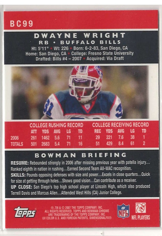 2007 Bowman Chrome Football #BC99 Dwayne Wright Buffalo Bills ROOKIE RC ...