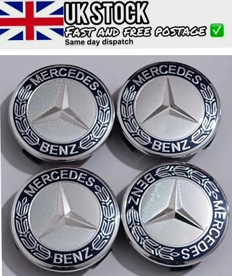 4x DARK BLUE Mercedes Benz Alloy Wheel Centre Caps 75mm A B C E S M, ML ...