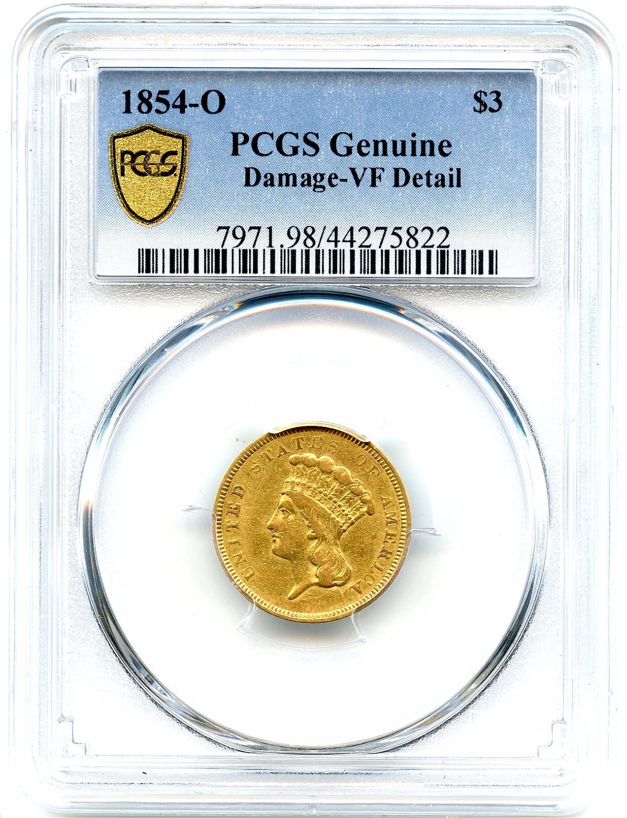 1854-O $3 Gold Princess, PCGS VF Details, Even Gold Color, Very ...