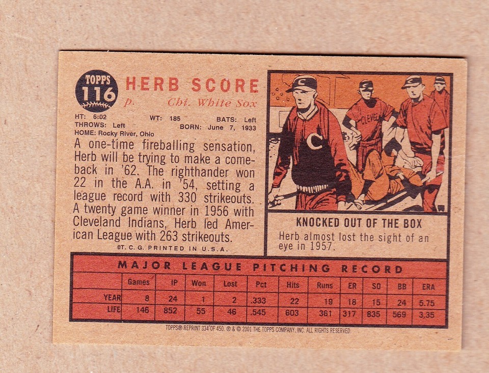 Herb Score (DEC) signed 2001 Topps Archives card #334-Cleveland Indians ...