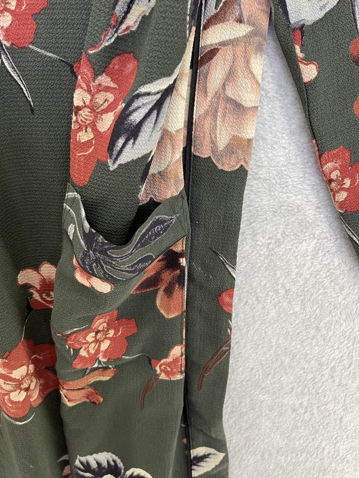 Sky and Sparrow Olive Green Floral Robe Open Front Cardigan Long Sleeve ...