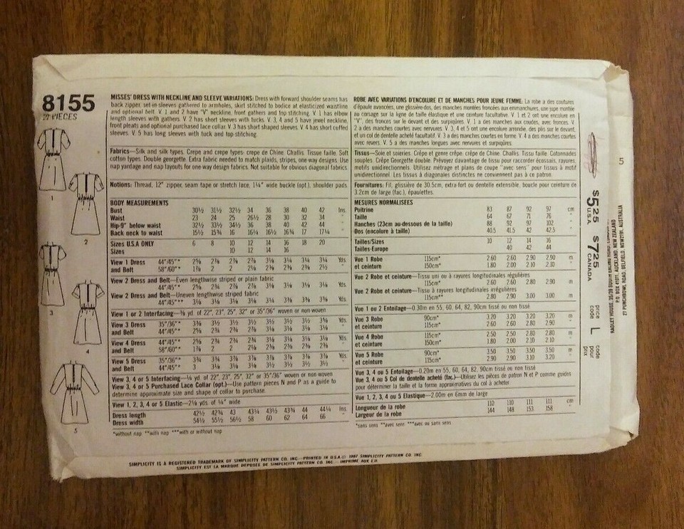 WOMENS UNCUT SIMPLICITY 8155 Sewing Pattern DRESS FLARE V NECK SIZE 10 ...