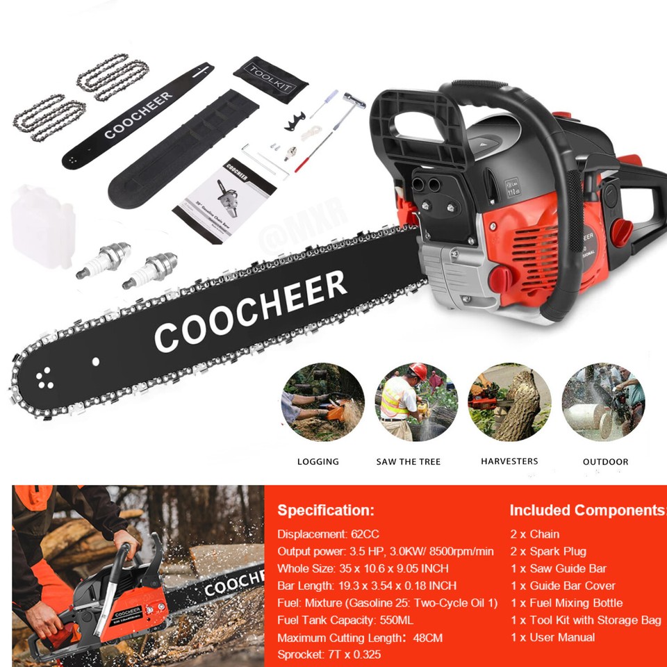 COOCHEER@ 62cc Gas Gasoline Chainsaw 20" Bar 2-Stroke Handheld Chain ...