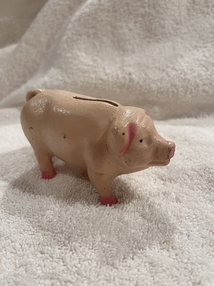 THE CUTEST Old Vintage Petite Cast Iron Metal PIG PIGGY BANK Country ...