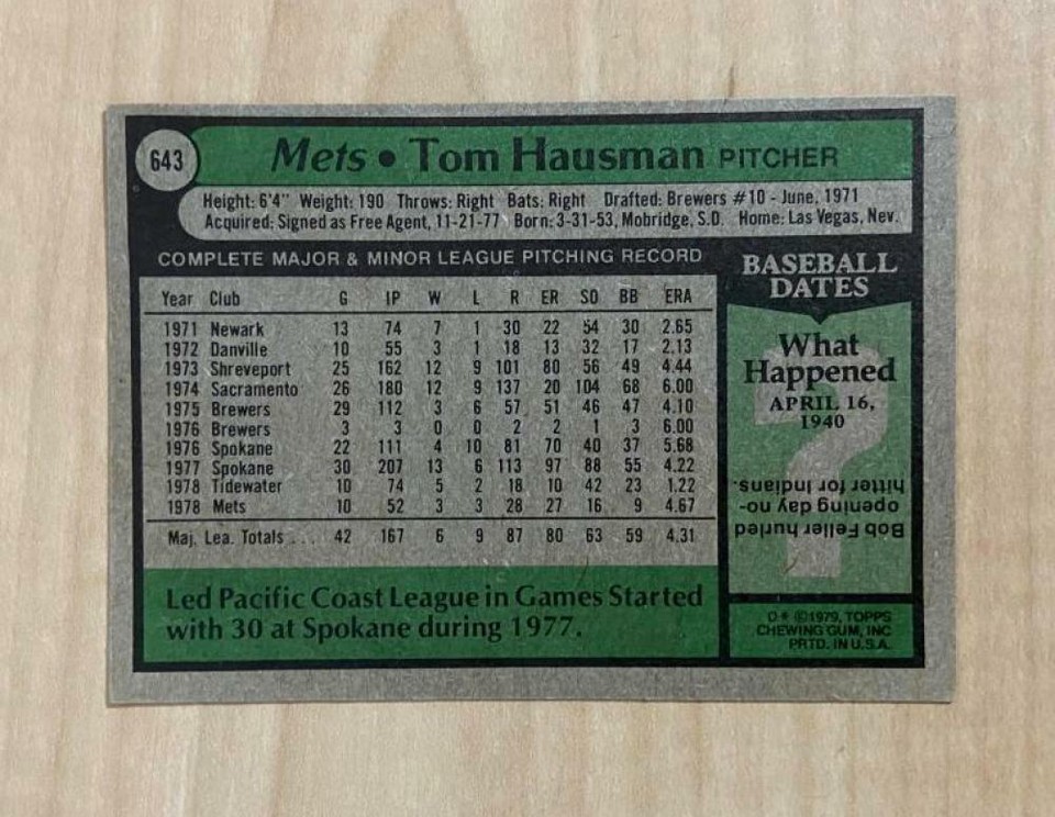 TOM HAUSMAN NEW YORK METS SIGNED AUTOGRAPHED 1979 TOPPS CARD #643 W/COA ...