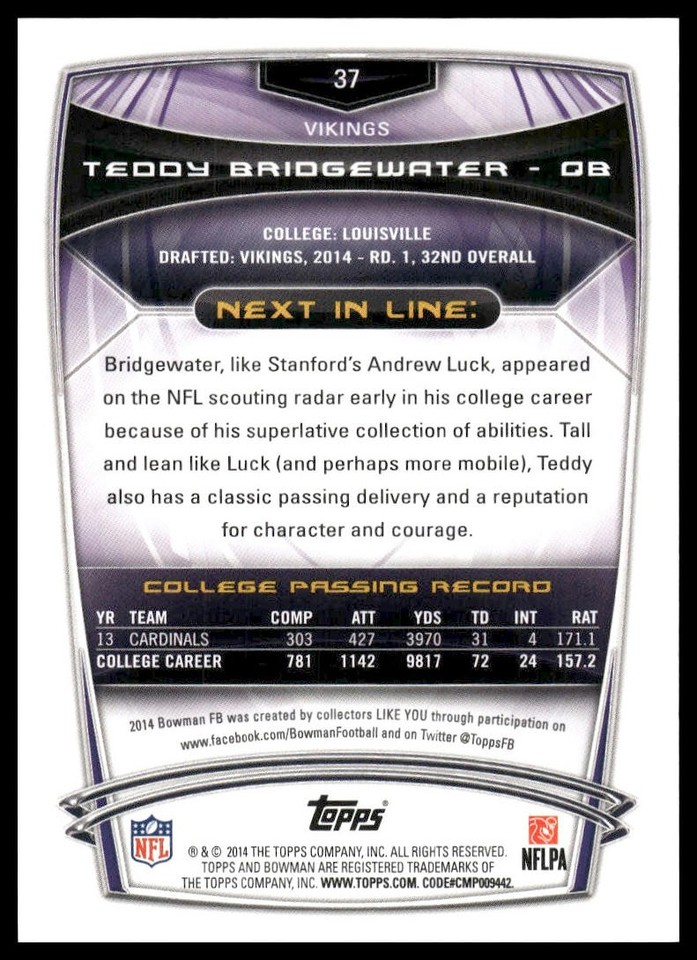 2014 Bowman #37 Teddy Bridgewater RC Rookies Purple Minnesota Vikings ...