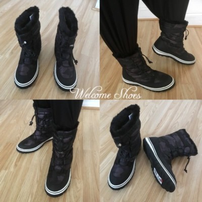 Ladies Black Camo Ex-Chainstore Fur lined Warm Winter Fleece Snow Boots ...