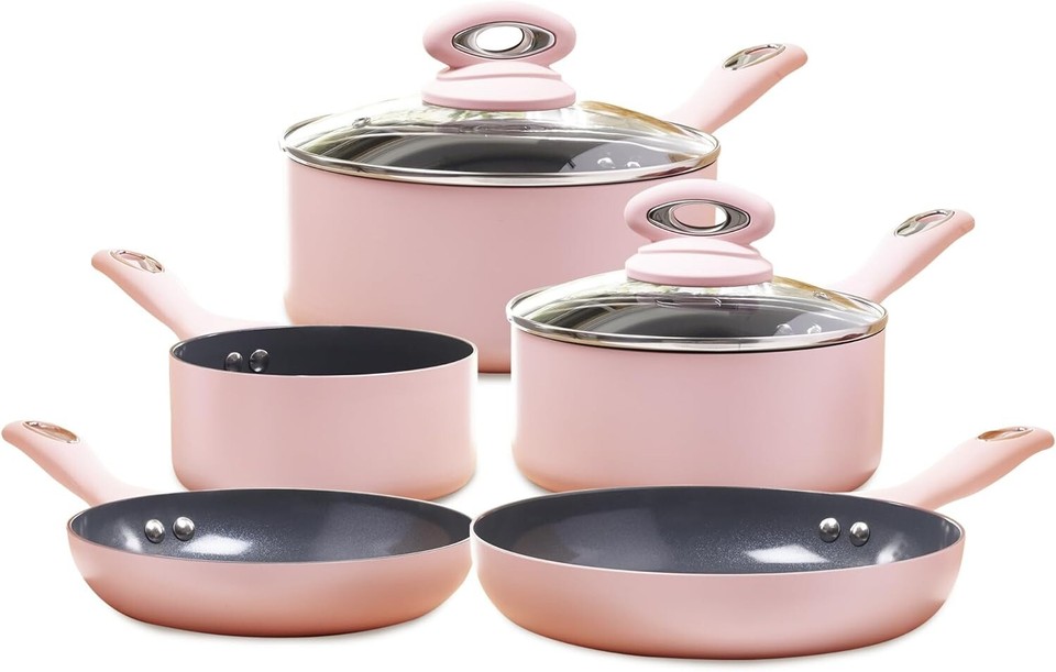Premium Blush Pink 5-Piece Ceramic Cookware Set Includes Frying Pans ...