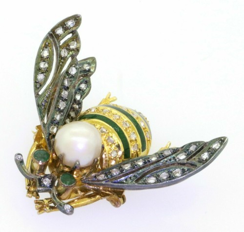 Antique 1.10ct Diamond Emerald 8.8mm Pearl Bee Fly 18k Yellow Gold ...