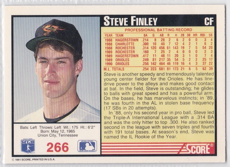 M) 1991 Score Baseball Trading Card - Steve Finley #266 | eBay
