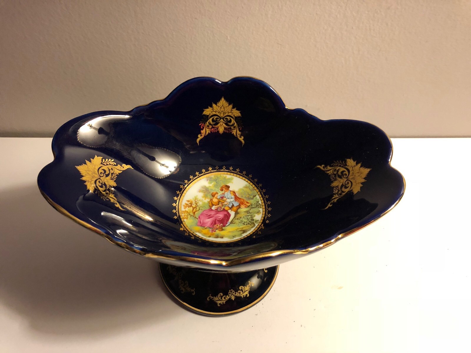 LEMOGE DESIGN COBALT BLUE/GOLD PEDESTAL COMPOTE BOWL W/VINTAGE STYLE | eBay