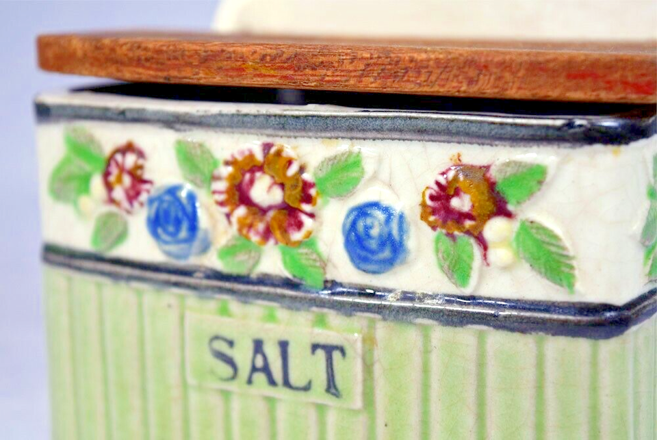 Vintage Ceramic Stoneware Salt Box Apple Green Raised Floral Wood Lid ...