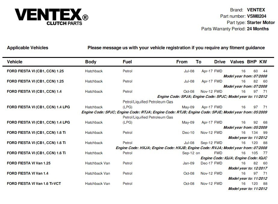VENTEX® Starter Motor for Ford Fiesta 1.25 1.4 1.6 Ti 2008-2017 Petrol Brand New | eBay UK