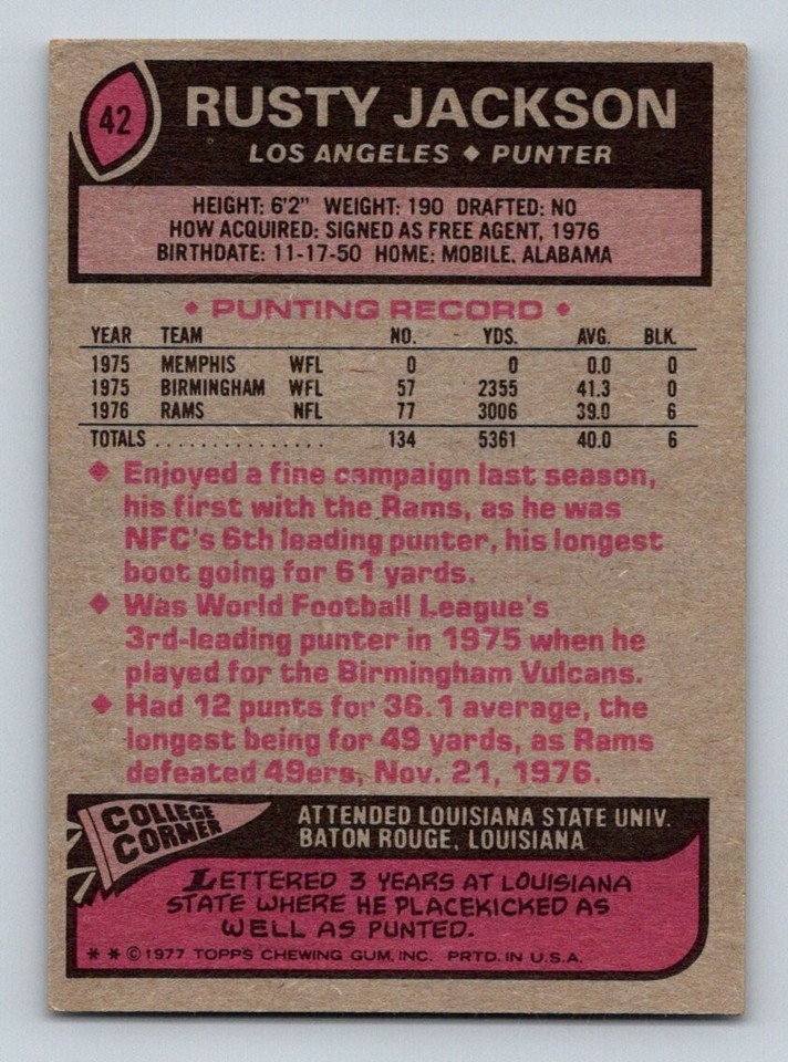 1977 TOPPS FOOTBALL ROOKIE RAMS RUSTY JACKSON RC | eBay
