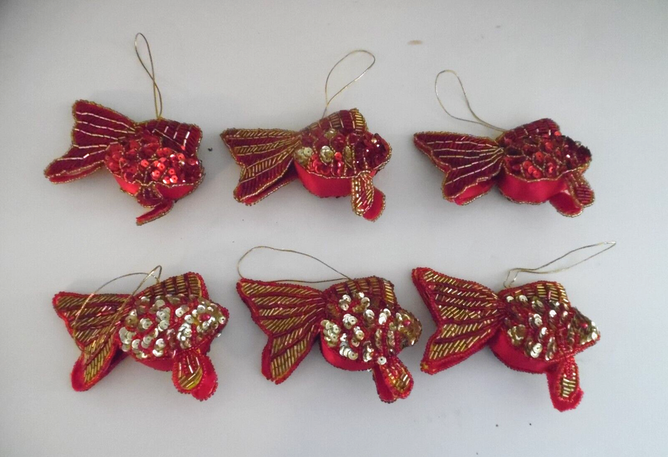 Lot Of 6 Vintage Red Sequined Beaded Ryukin Goldfish Fish Christmas ...