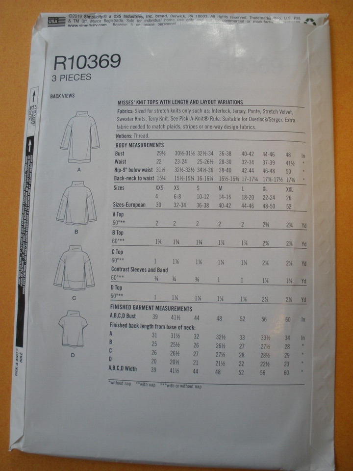 Simplicity 9014/ R10369 Easy Knit Sweater Tops & Tunic Size XXS - XXL ...