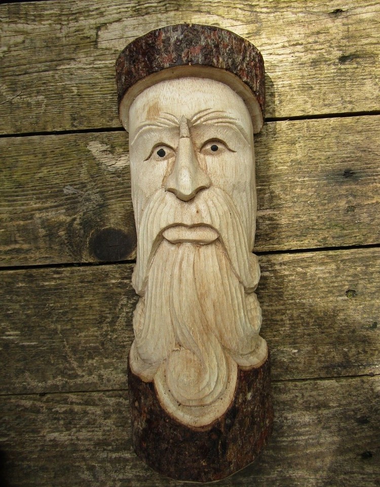 Hand Carved Wooden Green Man Half Tree Trunk Stump Log Statue Wall ...