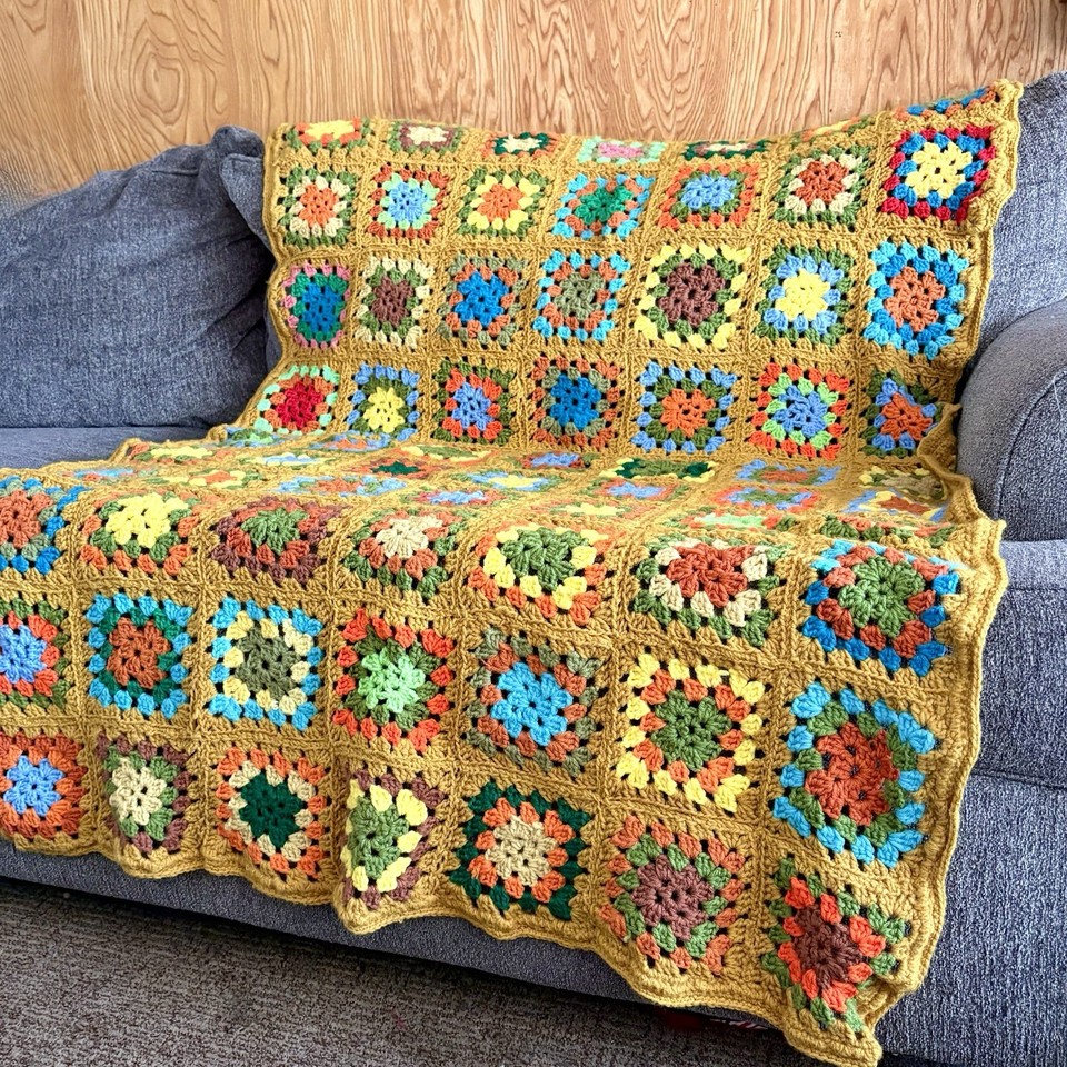 Vintage 70s Handmade Groovy Granny Square Warm Toned Colorful Afghan | eBay