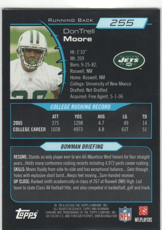 DONTRELL MOORE 2006 BOWMAN CHROME ROOKIE RC NEW YORK JETS $1.99 ROOM | eBay