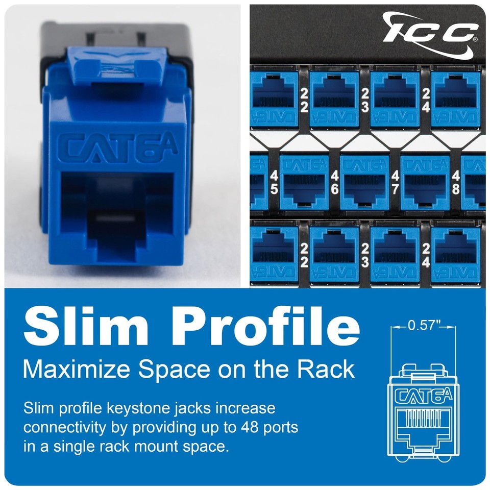 ICC CAT6A Keystone Jack with Slim Profile 180 Degree Punch Down, 10Gbps ...