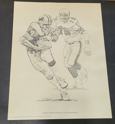 Vintage 1981 Detroit Lions Dexter BUSSEY 11"x14" Sketch Print NFL Shell ...