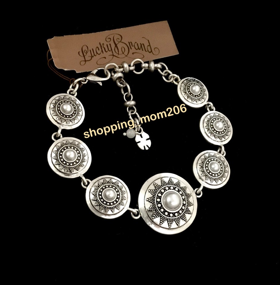 Lucky Brand Antiqued Silver Tone w/Brezel Set Pearl Openwork Link ...