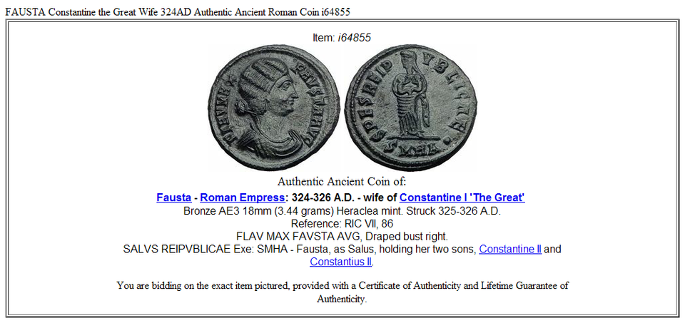 FAUSTA Constantine the Great Wife 324AD Authentic Ancient Roman Coin ...