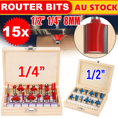 15X 1/2 1/4 inch Router Bits Set Woodworking Tool Cutter Shank Tungsten ...