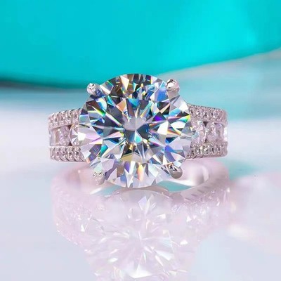 10 Carat GRA Certified Round Brilliant Cut Moissanite Ring Genuine 925 ...