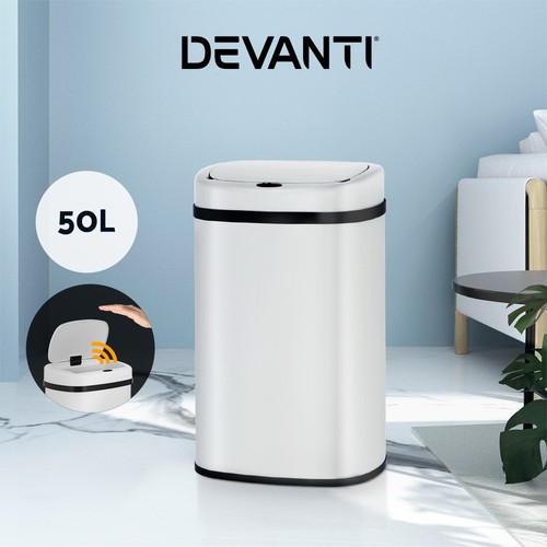 Devanti 50L Sensor Bin Motion Rubbish Automatic Trash Can Kitchen White ...
