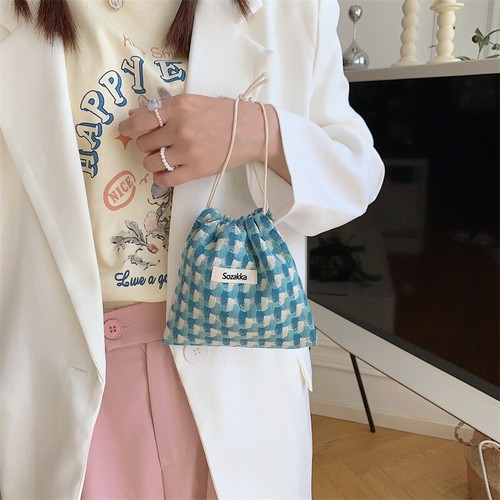 Stylish Grid Pattern Storage Bag Drawstring Closure Lipstick Pouch ...