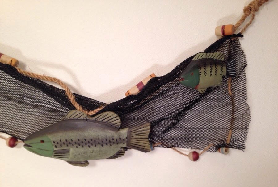 Folk Art Hand Painted Wood Fish Green Rope Net Bobbers Lake Fishing | eBay