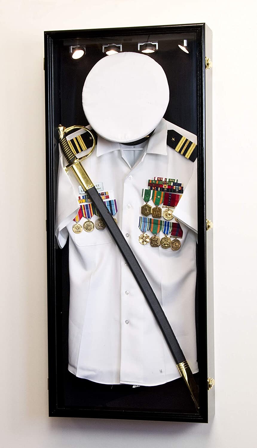 Military Uniform Display Case Cabinet LED Light Black Army Shadow Box ...